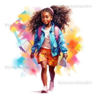 Watercolour African American School Girl Clipart, Black Girl Back to ...