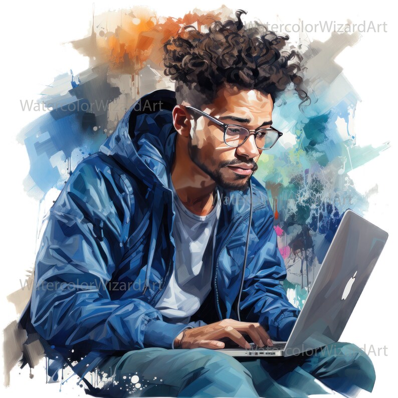 Watercolour Black Man With Laptop Clipart, African American Man Writer ...