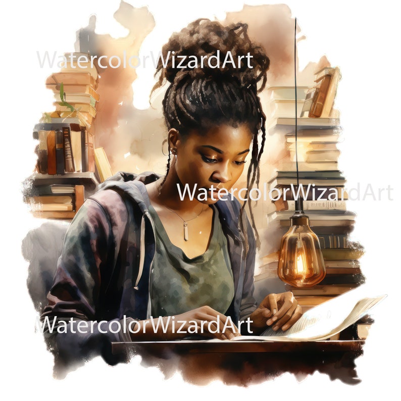 Watercolour Black Girl Student Clipart Girl Writing Reading - Etsy