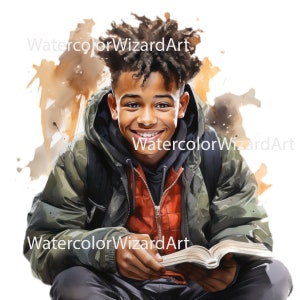 Watercolour Happy Smiling Black Boy Clipart, Boy Writing by Hand ...