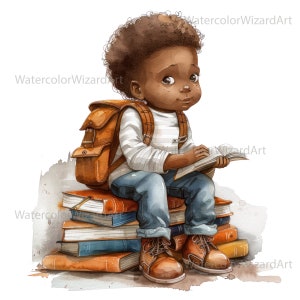 Watercolour Bookworm Black Boy Clipart, Boy Books Clipart, Book Lover ...