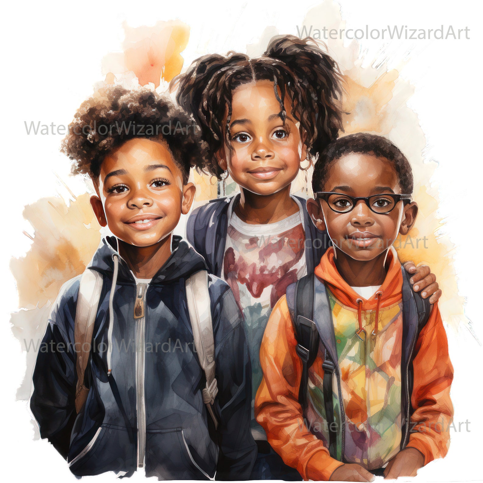 Watercolour African American Kids Clipart, Kids Back to School Png ...