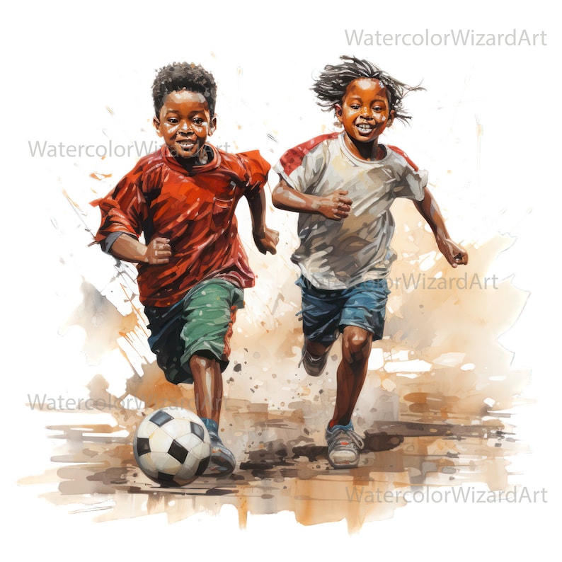 Watercolour Happy Black Kids Playing Soccer Clipart, Kids Playing ...