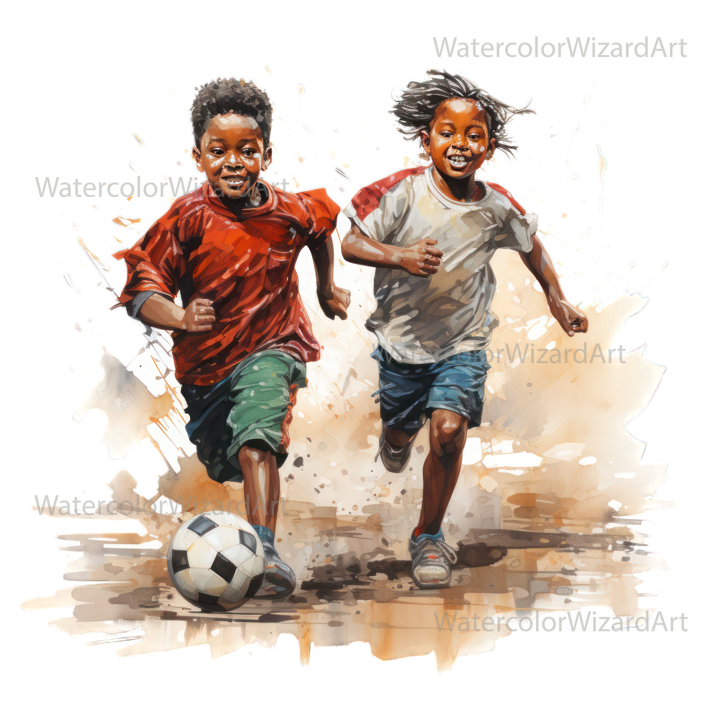 Watercolour Happy Black Kids Playing Soccer Clipart, Kids Playing ...