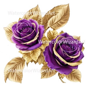 Watercolour Gold Purpl Roses Clipart, Purple Gold Roses Png, Flowers ...