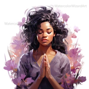 Watercolour Black Woman Praying, African American Woman Praying Clipart, Meditation Png, Full ...