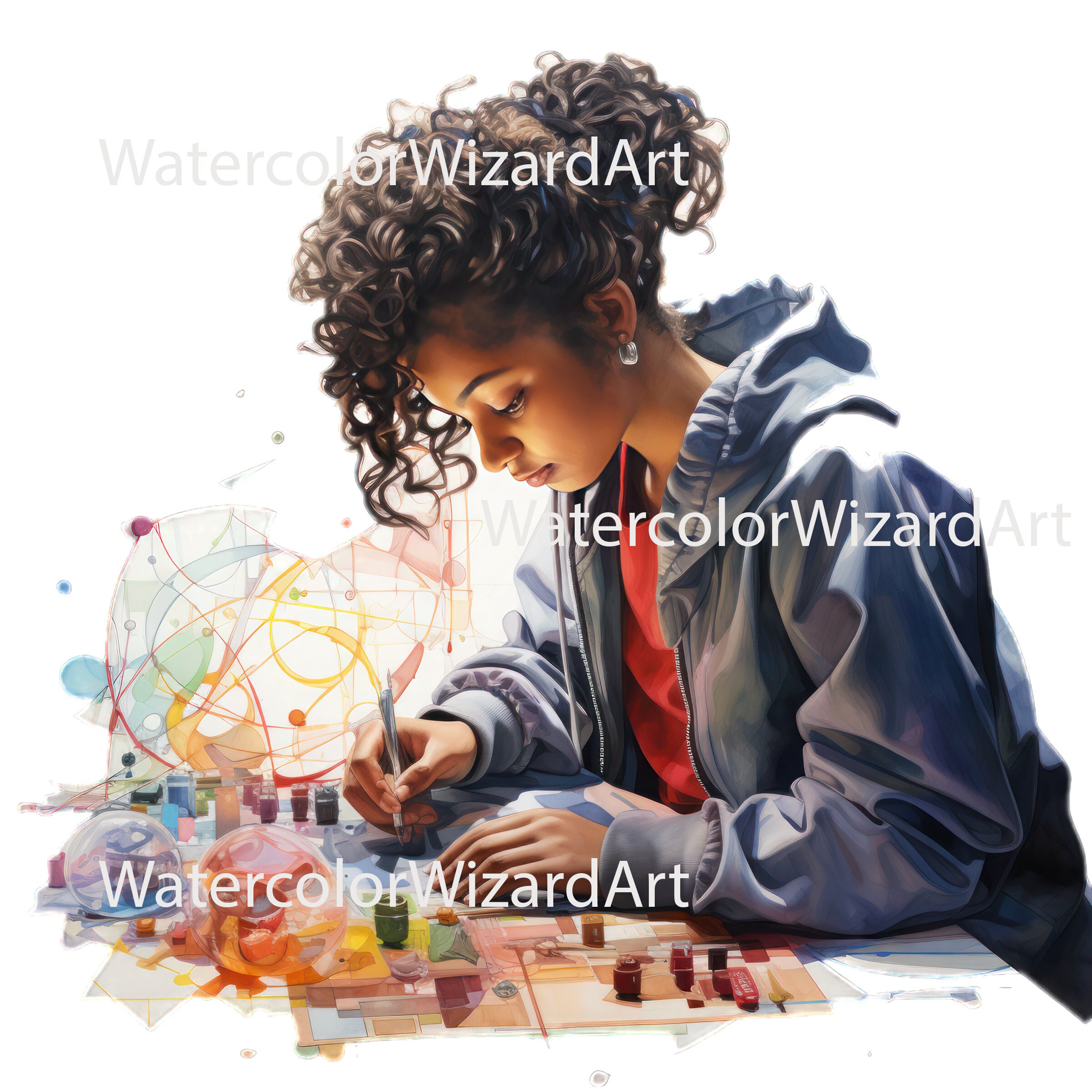 Watercolour Black Girl Reading Clipart, Girl Studying Clipart, Book ...