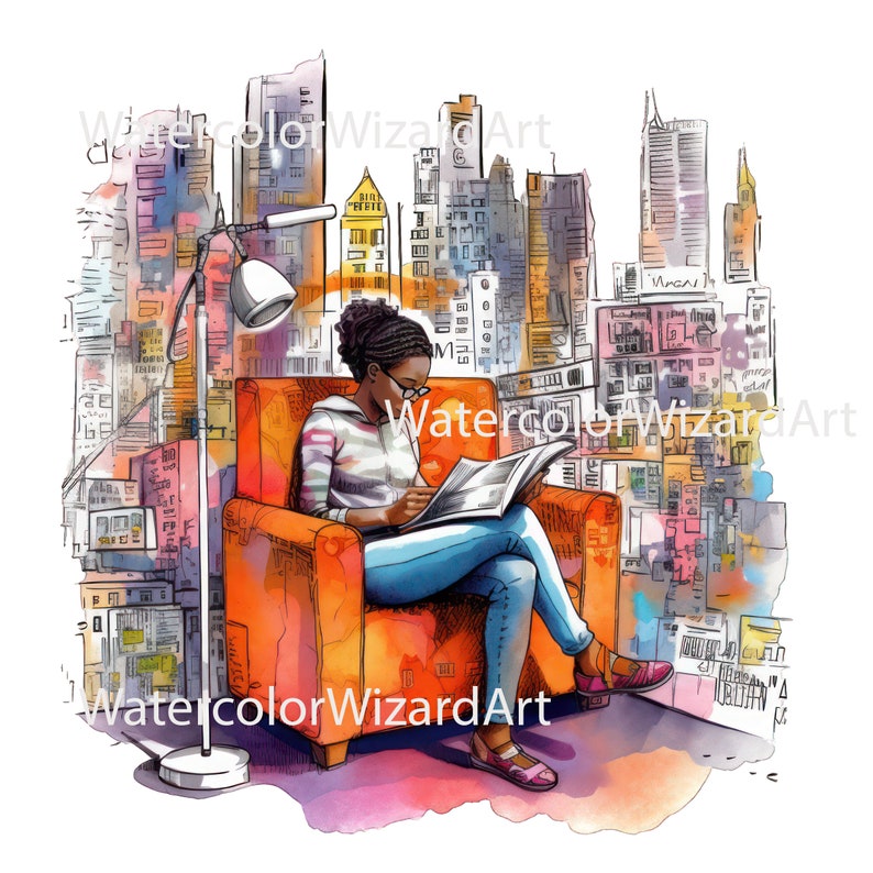 Watercolour Urban Reading Corner Png Black Girl Books - Etsy