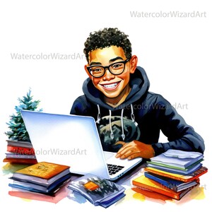 Watercolour Black Boy Student Clipart, African American Boy Studying ...