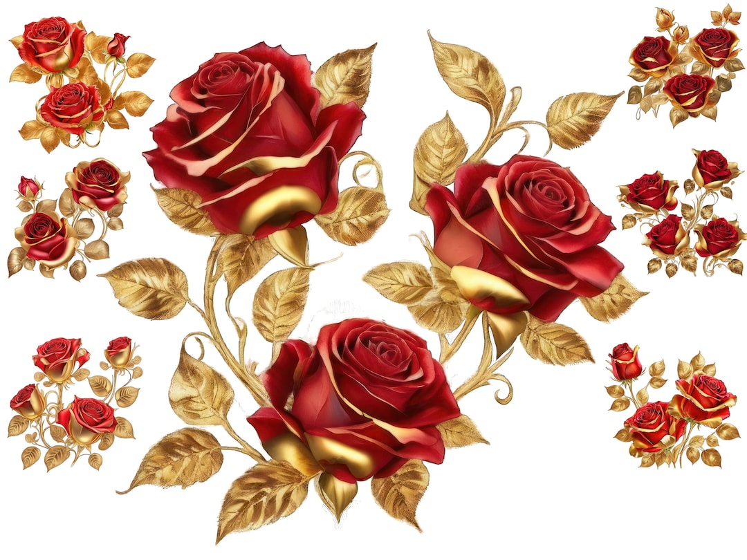 Watercolour Red Gold Roses Clipart, Cute Red Gold Roses Png, Flowers ...