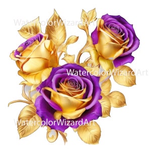 Watercolour Gold Purpl Roses Clipart, Purple Gold Roses Png, Flowers ...