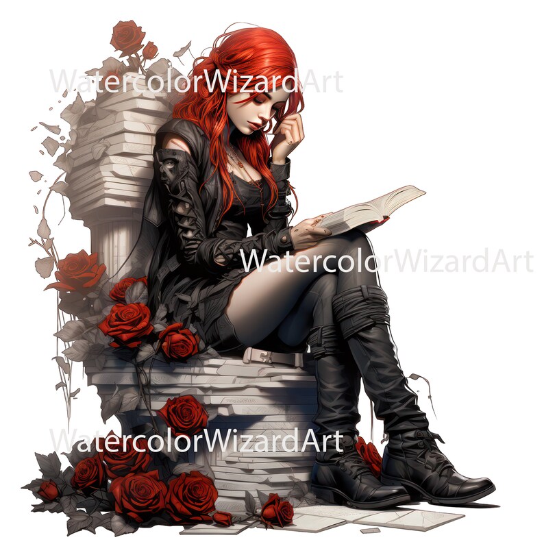 Watercolour Red Head Gothic Girl Reading Corner Clipart - Etsy