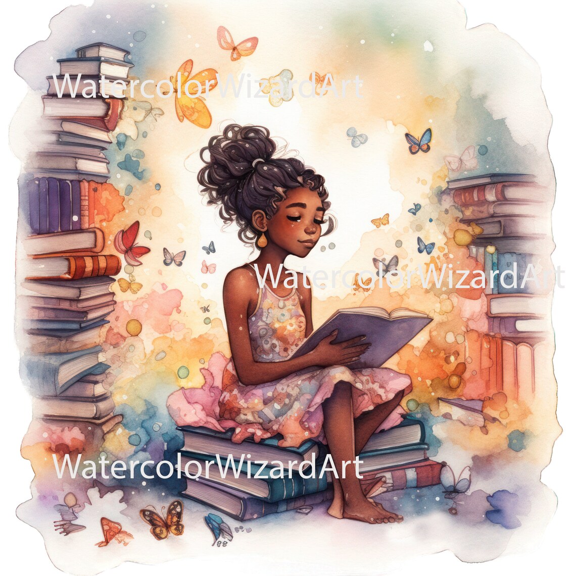 Watercolor Bookworm Black Girl Clipart,girl Books Clipart, Book Lover ...