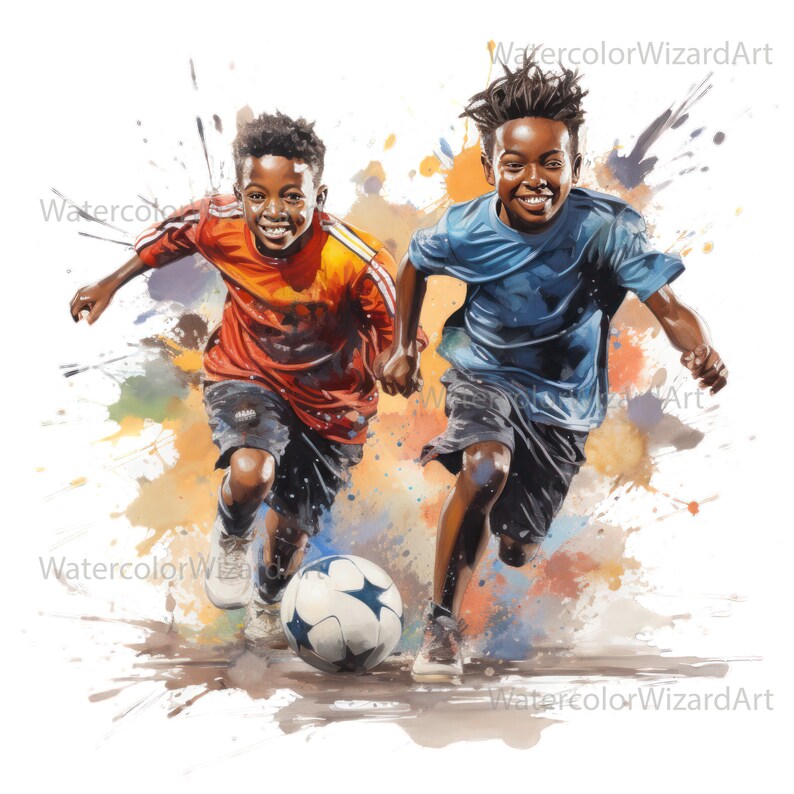 Watercolour Happy Black Kids Playing Soccer Clipart, Kids Playing ...