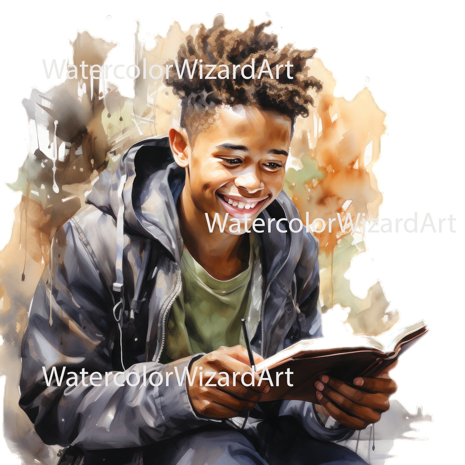 Watercolour Happy Smiling Black Boy Clipart, Boy Writing by Hand ...