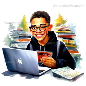 Watercolour Black Boy Student Clipart, African American Boy Studying ...