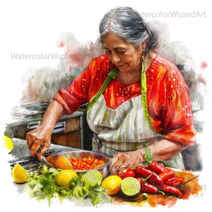 Watercolour Mexican Elderly Woman Cooking Clipart, Hispanic Woman Cook ...