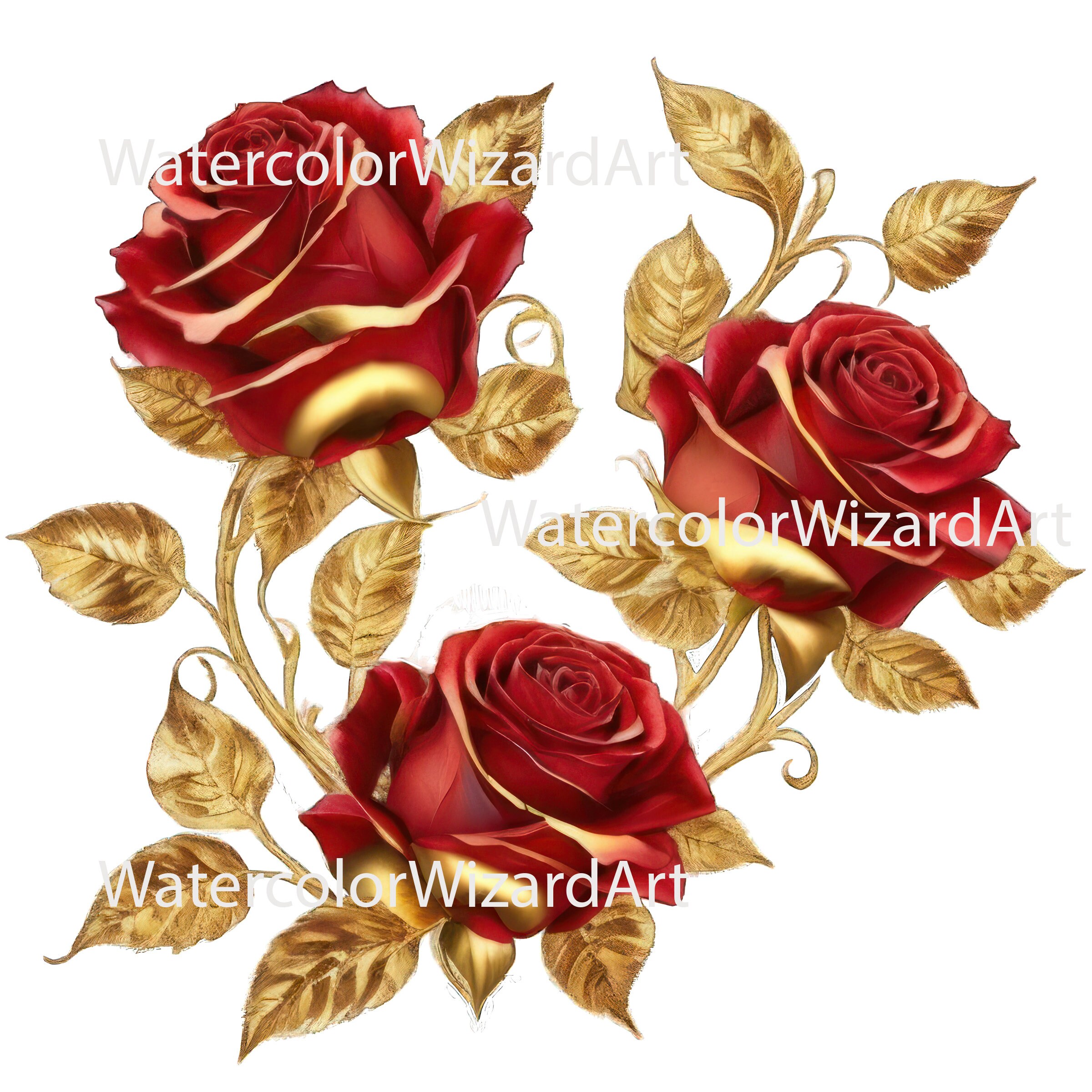 Watercolour Red Gold Roses Clipart, Cute Red Gold Roses Png, Flowers ...
