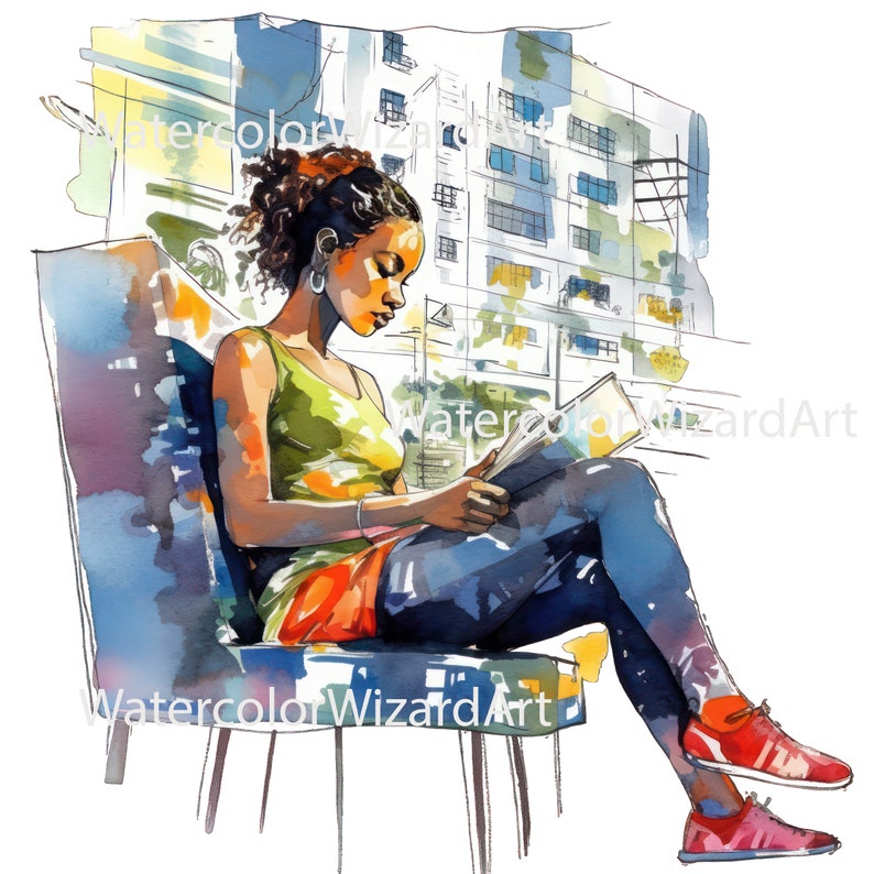 Watercolour Urban Reading Corner Png Black Girl Books - Etsy
