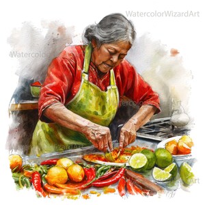 Watercolour Mexican Elderly Woman Cooking Clipart, Hispanic Woman Cook ...