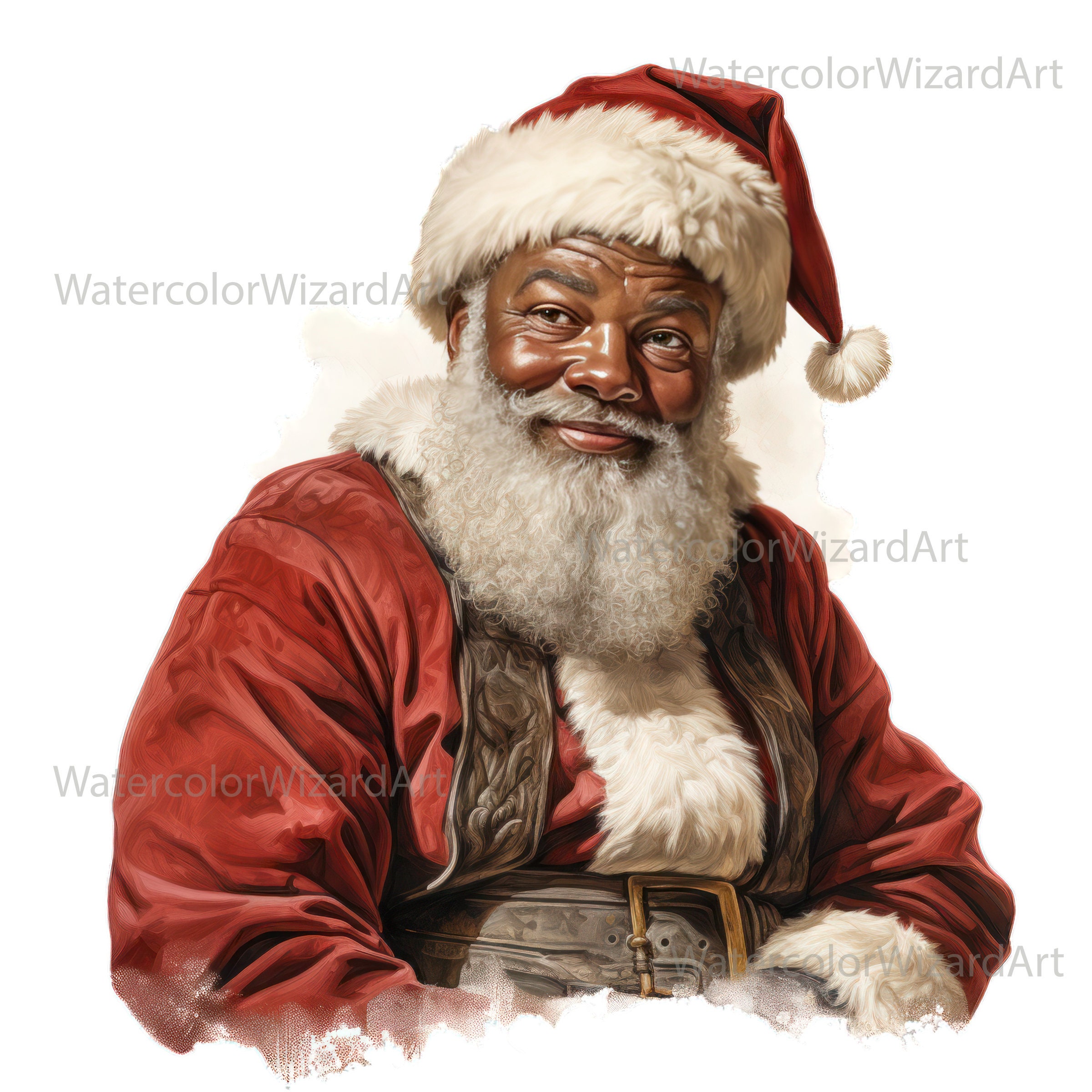 Watercolour Vintage Black Santa Claus Clipart, African American Santa ...