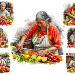 Watercolour Mexican Elderly Woman Cooking Clipart, Hispanic Woman Cook ...