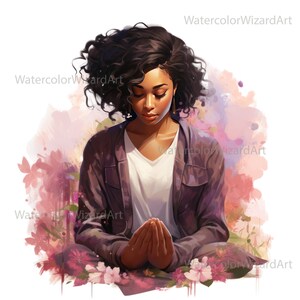 Watercolour Black Woman Praying, African American Woman Praying Clipart, Meditation Png, Full ...