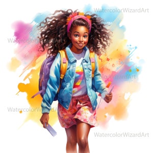 Watercolour African American School Girl Clipart, Black Girl Back to ...