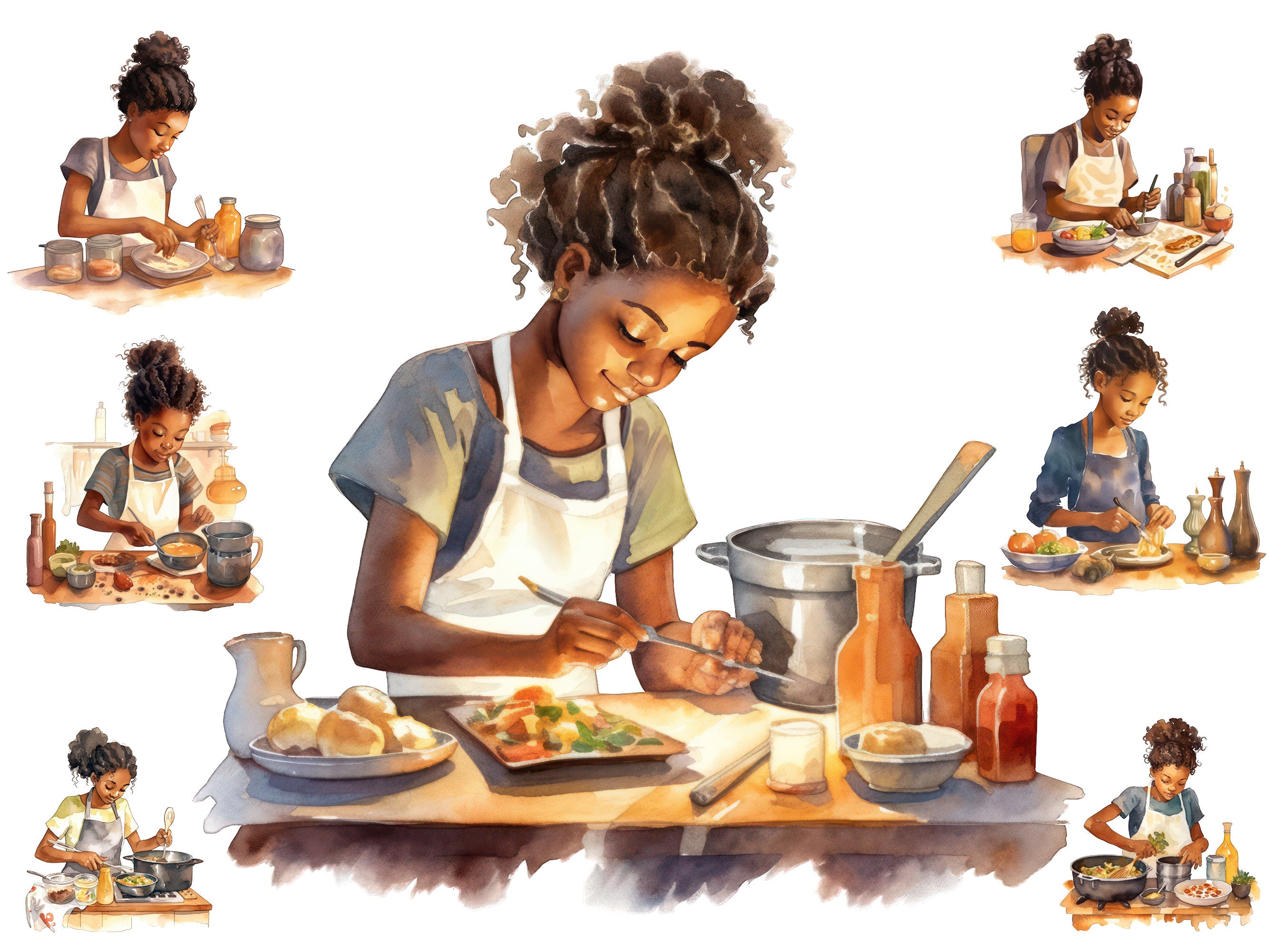 Watercolour Black Girl Cooking Clipart, Girl Culinary Clipart, Girl ...