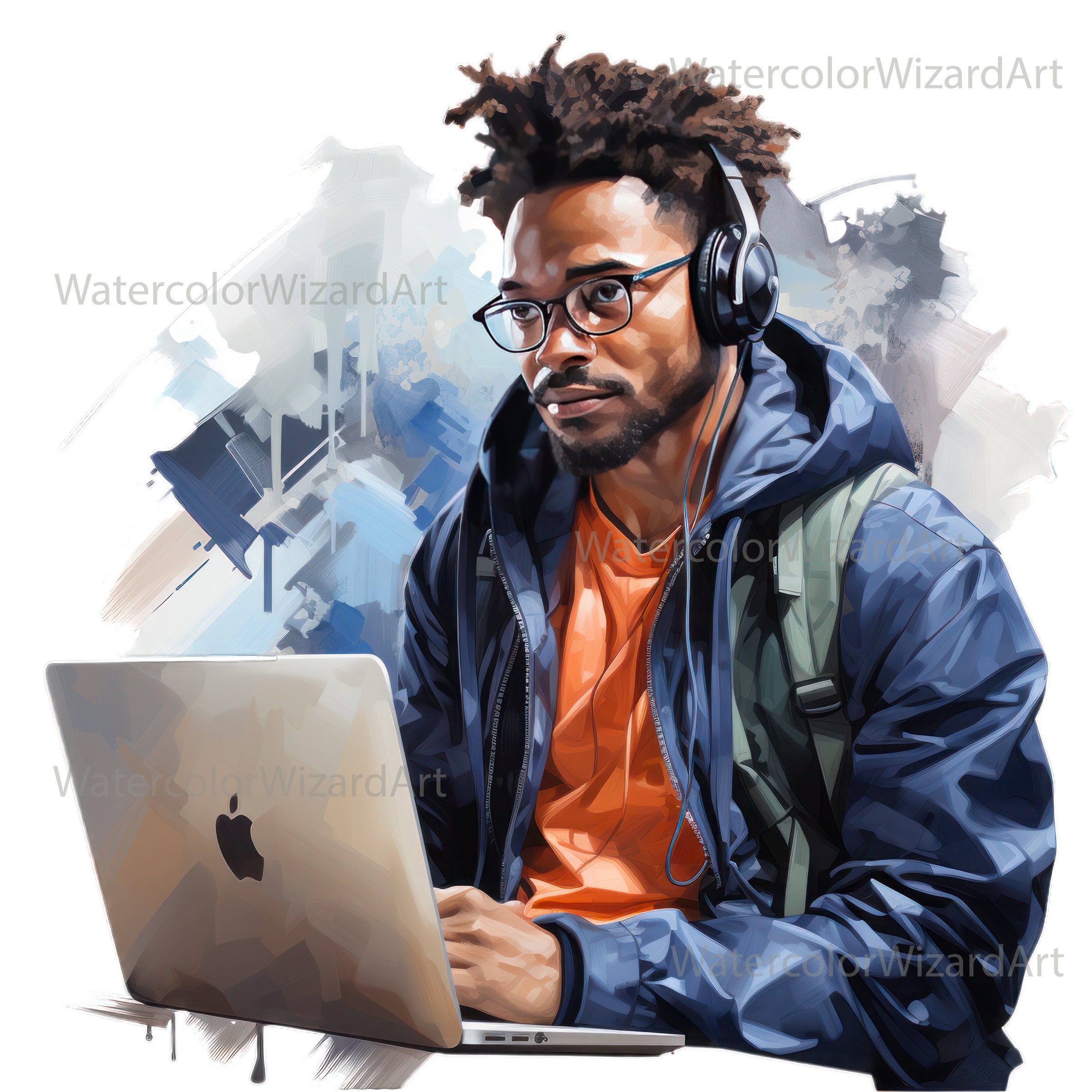 Watercolour Black Man With Laptop Clipart, African American Man Writer ...