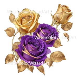 Watercolour Gold Purpl Roses Clipart, Purple Gold Roses Png, Flowers ...