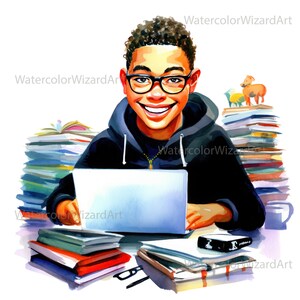 Watercolour Black Boy Student Clipart, African American Boy Studying ...