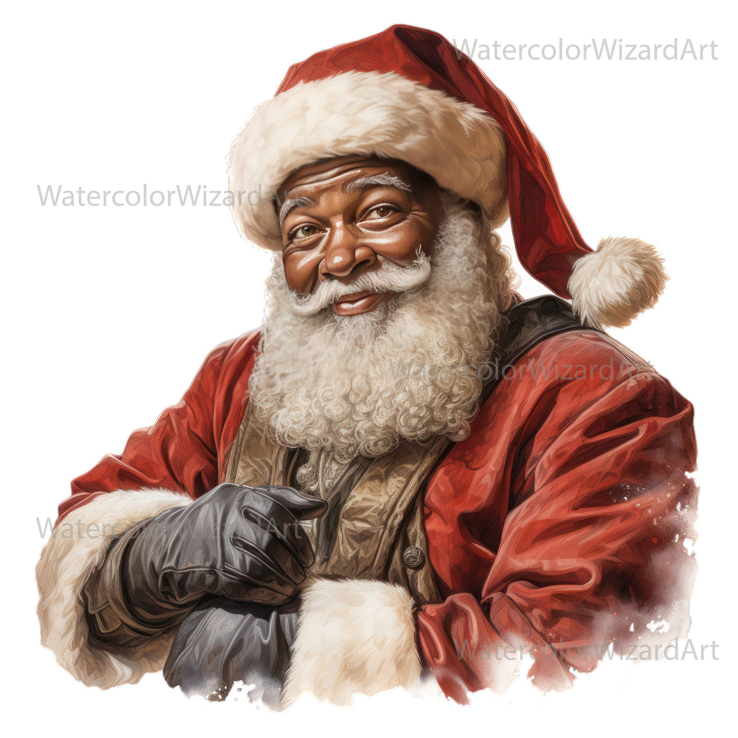 Watercolour Vintage Black Santa Claus Clipart, African American Santa ...