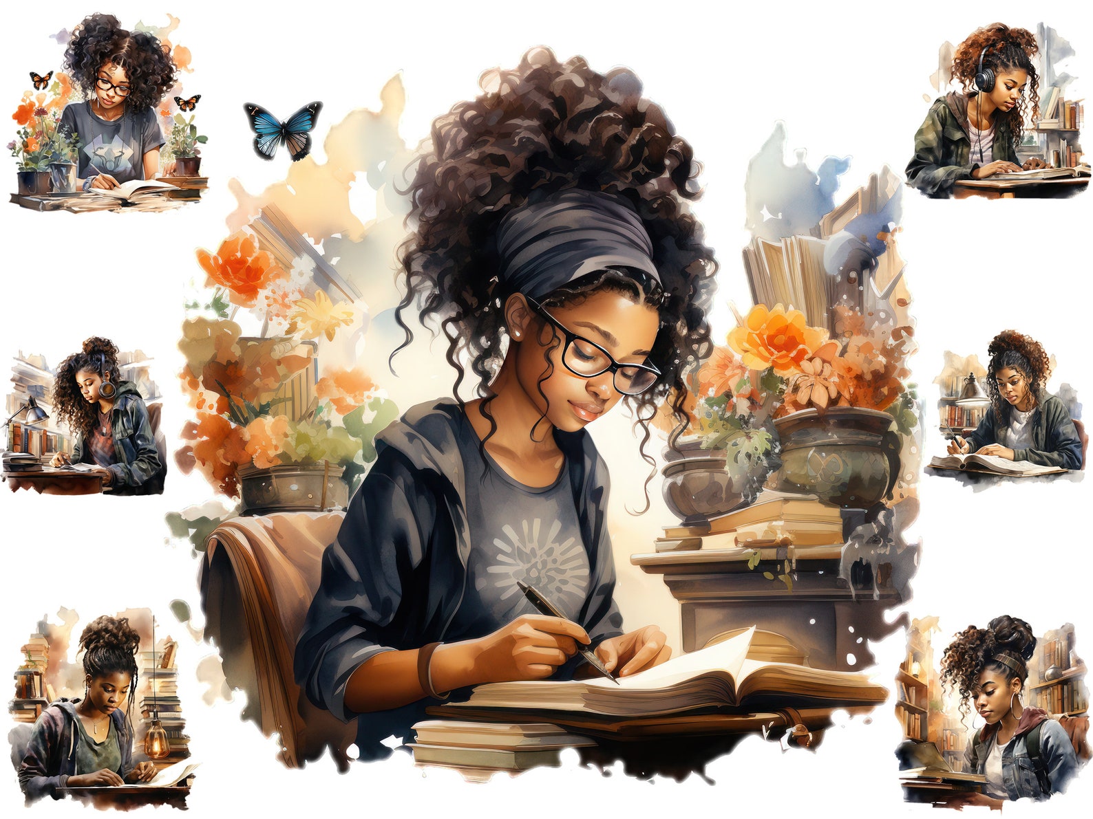 Watercolour Black Girl Student Clipart, Girl Writing, Reading Png ...