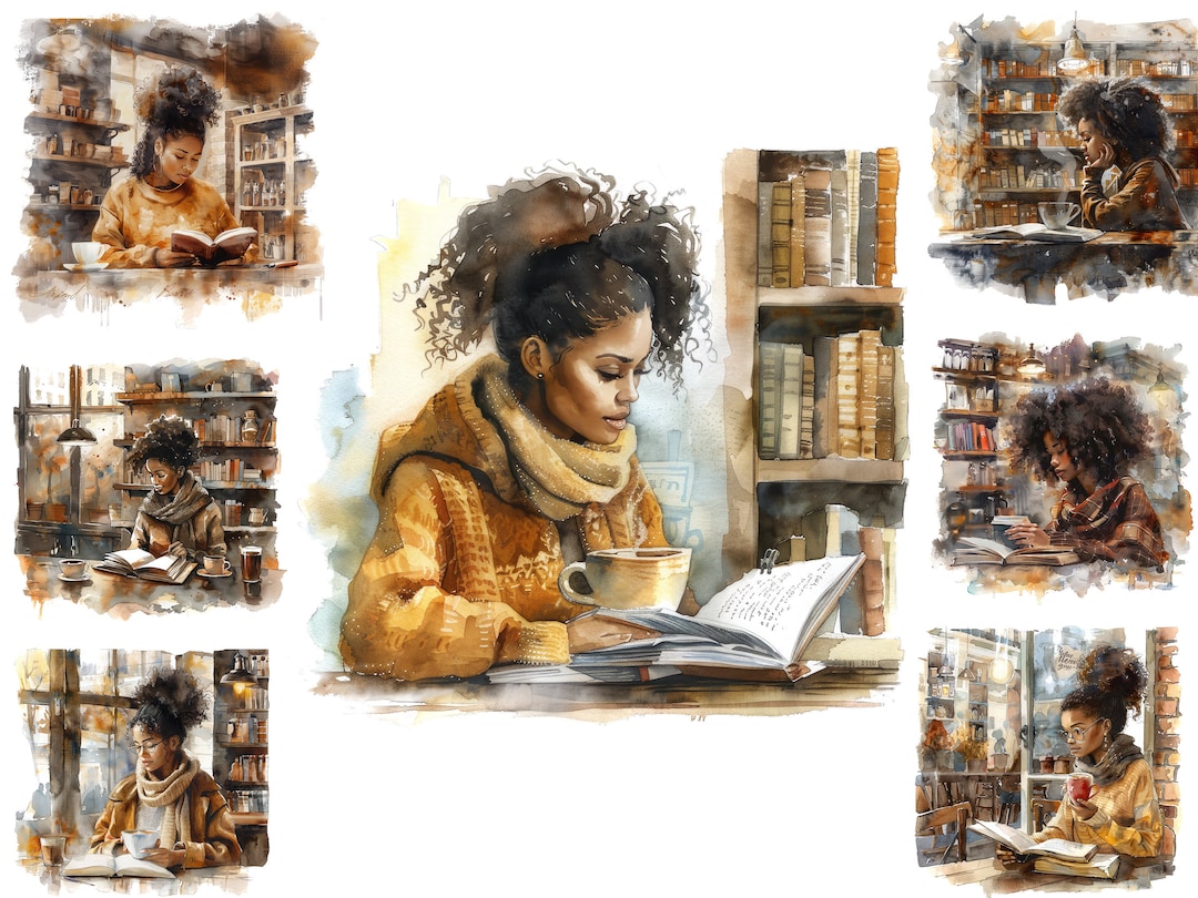Watercolour Black Girl Reading Clipart, Girl Studying Clipart, Book ...