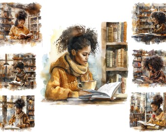 Watercolour Black Girl Reading Clipart, Girl Studying Clipart, Book ...