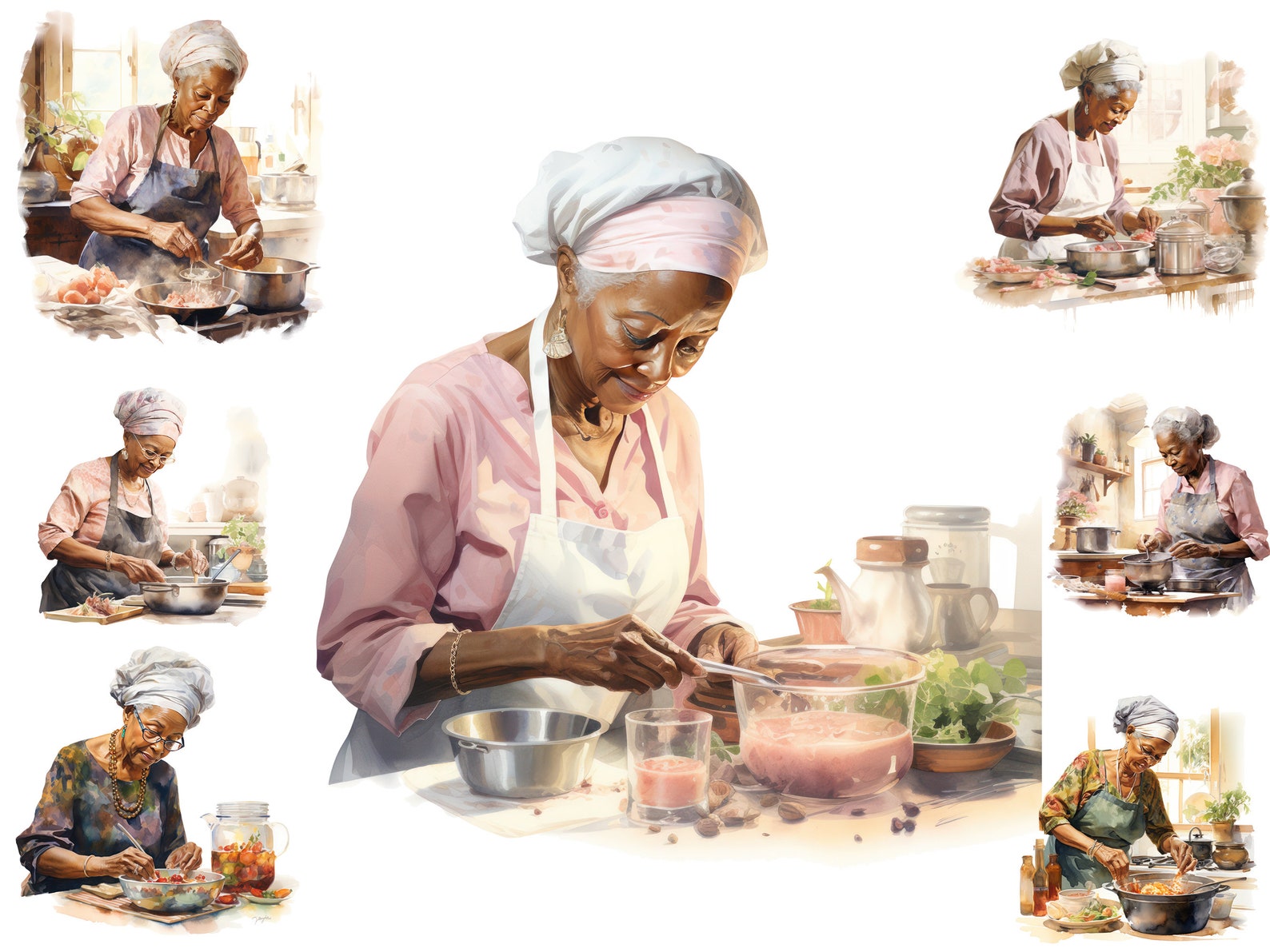 Watercolour Black Elderly Woman Culinary Clipart, Grandmother Cooking ...