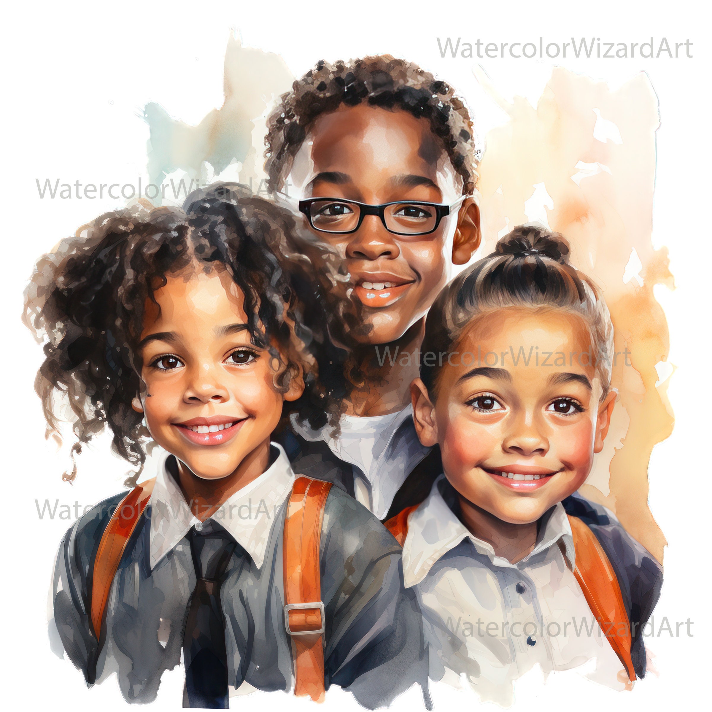 Watercolour African American School Kids Clipart, Black Kids Back to ...