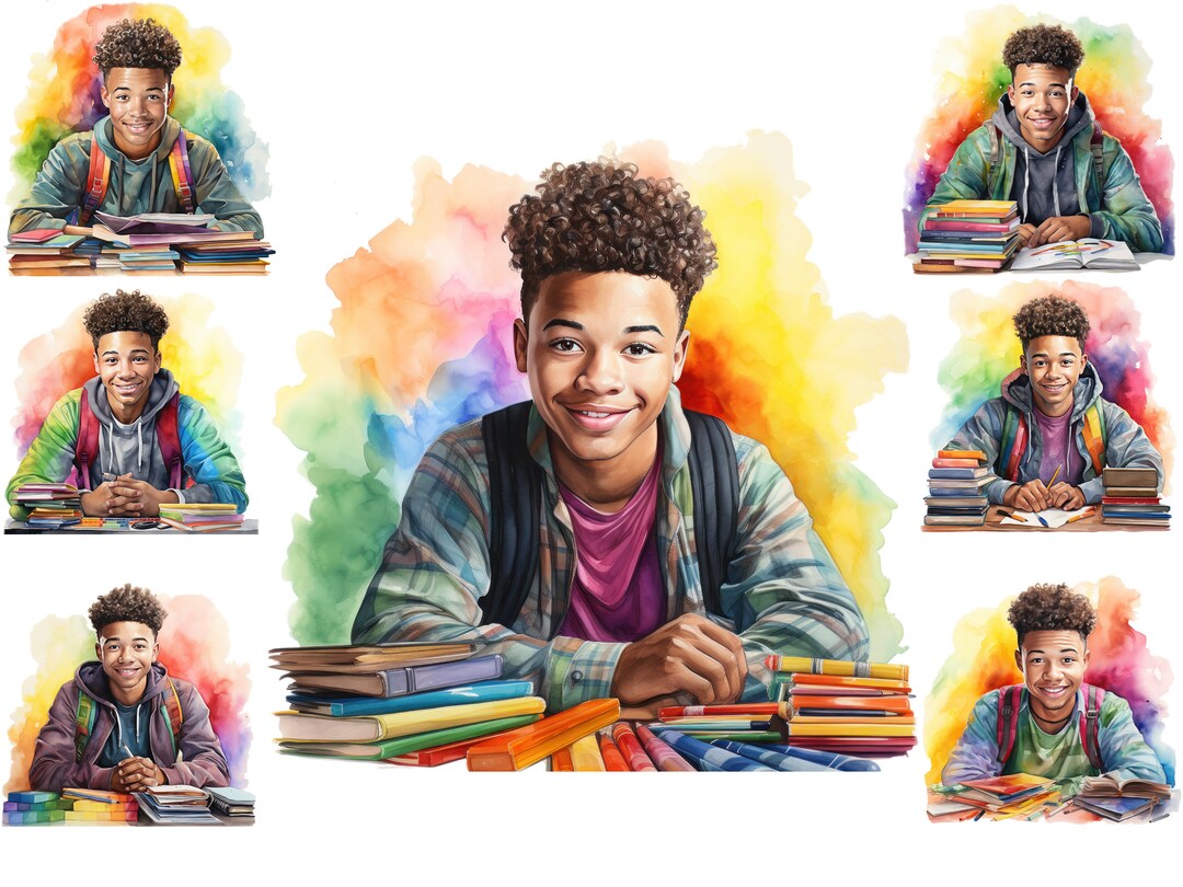 Watercolour Black Boy Student Clipart, African American Boy Studying ...