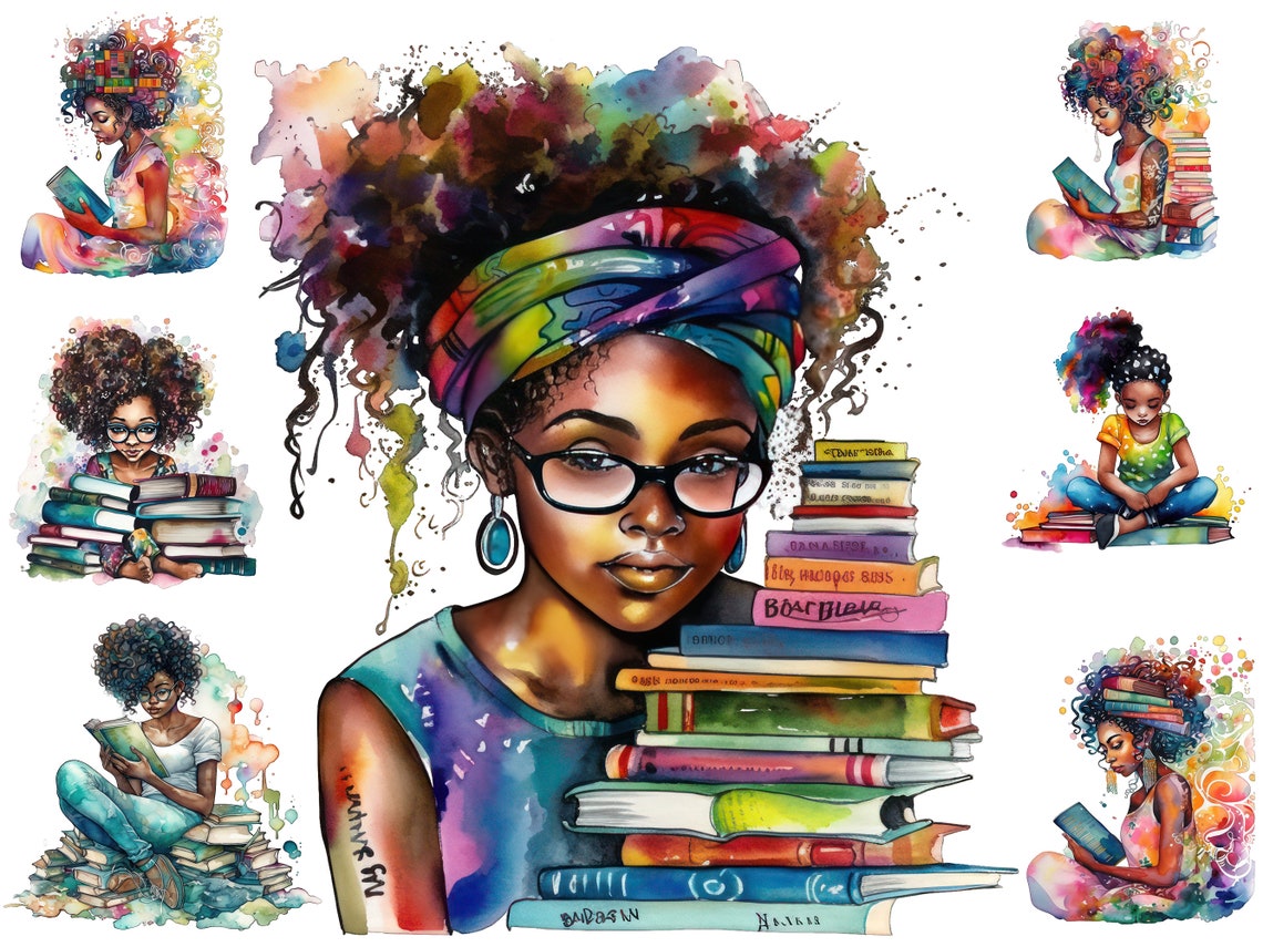 Watercolour Black Girl Reading Clipart Girl Studying Clipart - Etsy