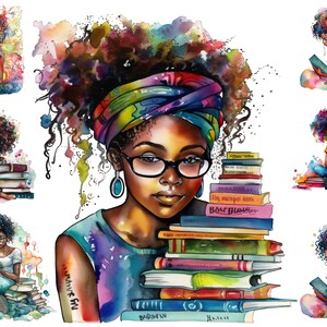 Watercolour Black Girl Reading Clipart, Girl Studying Clipart, Book ...