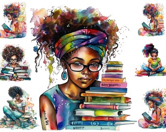 Watercolour Black Girl Reading Clipart, Girl Studying Clipart, Book ...