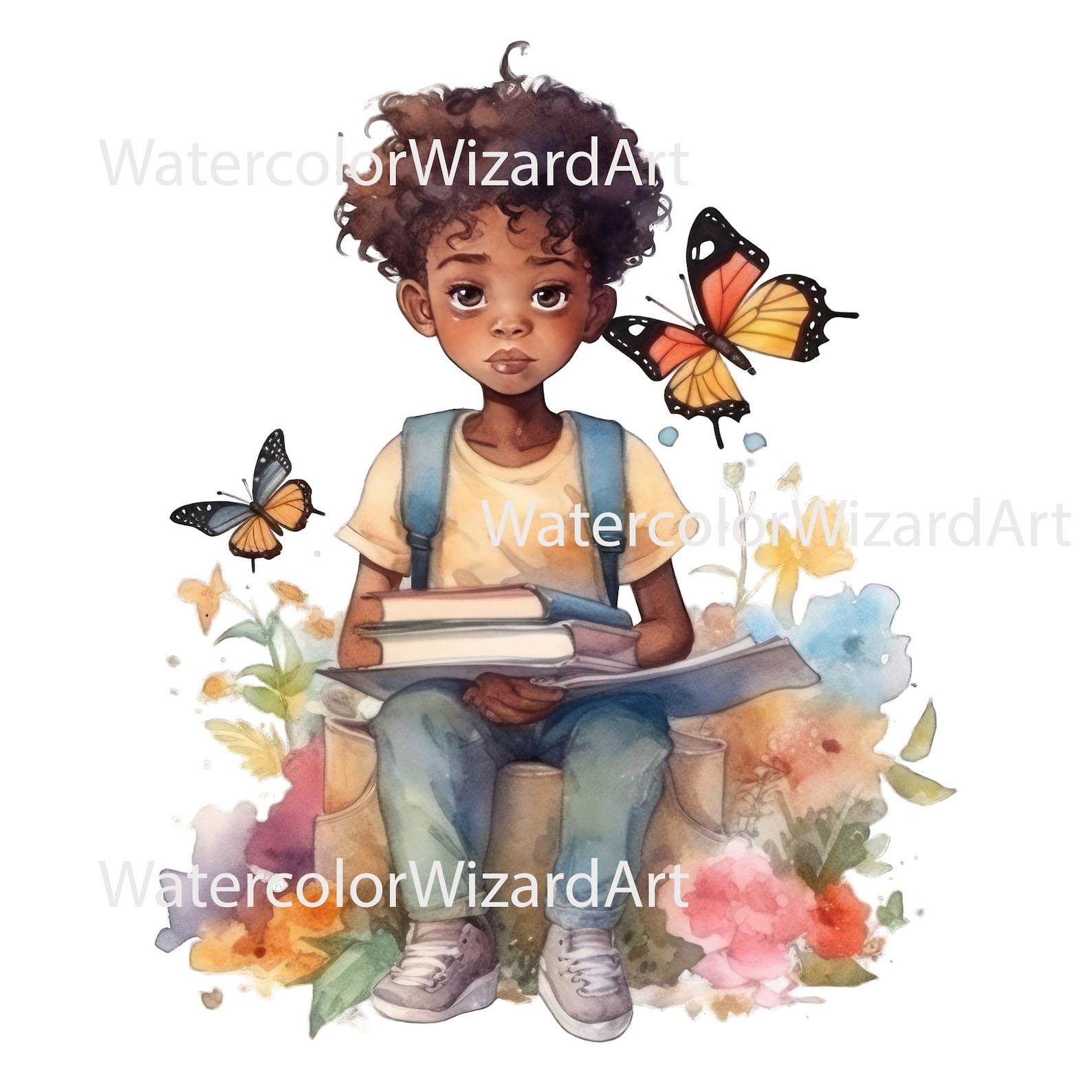 Watercolour Bookworm Black Boy Clipart,boy Books Clipart, Book Lover ...