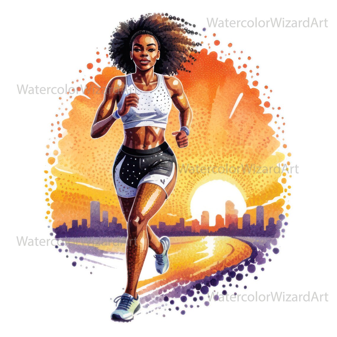 Watercolour Black Girl Running in the Sunset Clipart, Woman Sports ...