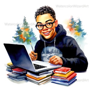 Watercolour Black Boy Student Clipart, African American Boy Studying ...