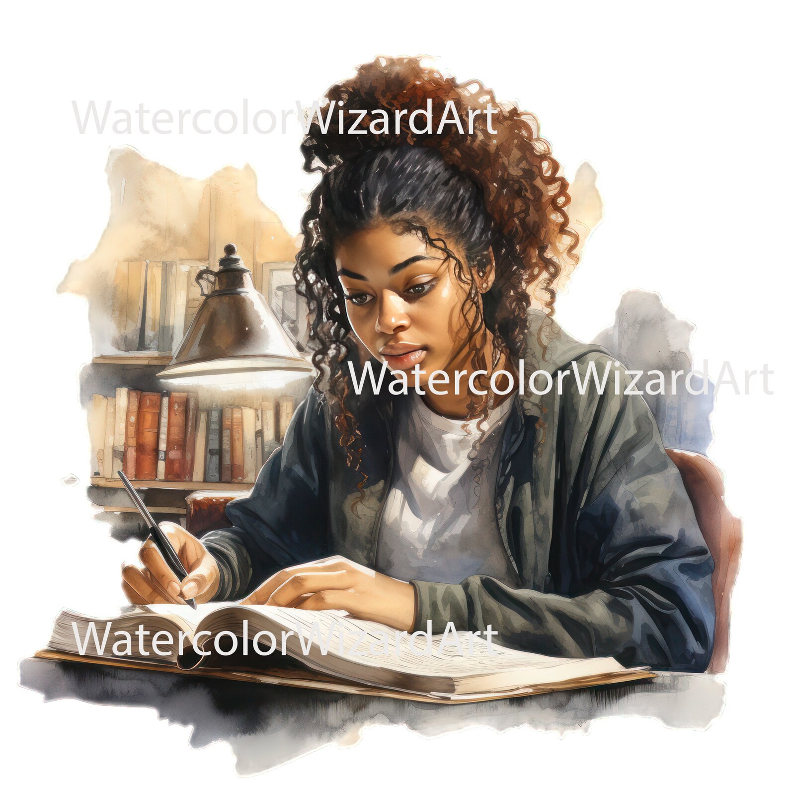 Watercolour Black Girl Student Clipart Girl Writing Reading - Etsy