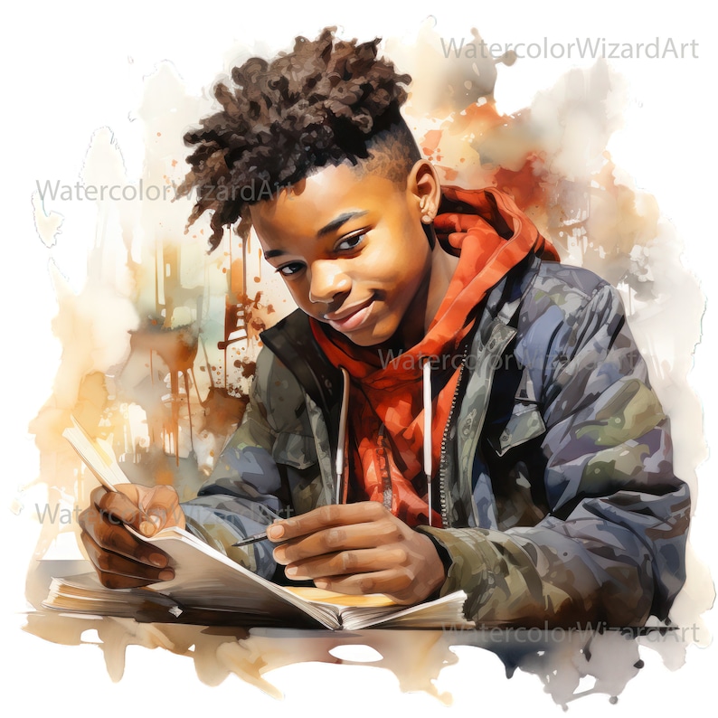 Watercolour Black Boy Reading Writing Clipart, Boy Books Clipart ...