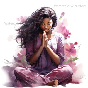 Watercolour Black Woman Praying, African American Woman Praying Clipart, Meditation Png, Full ...