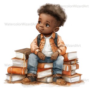 Watercolour Bookworm Black Boy Clipart, Boy Books Clipart, Book Lover ...