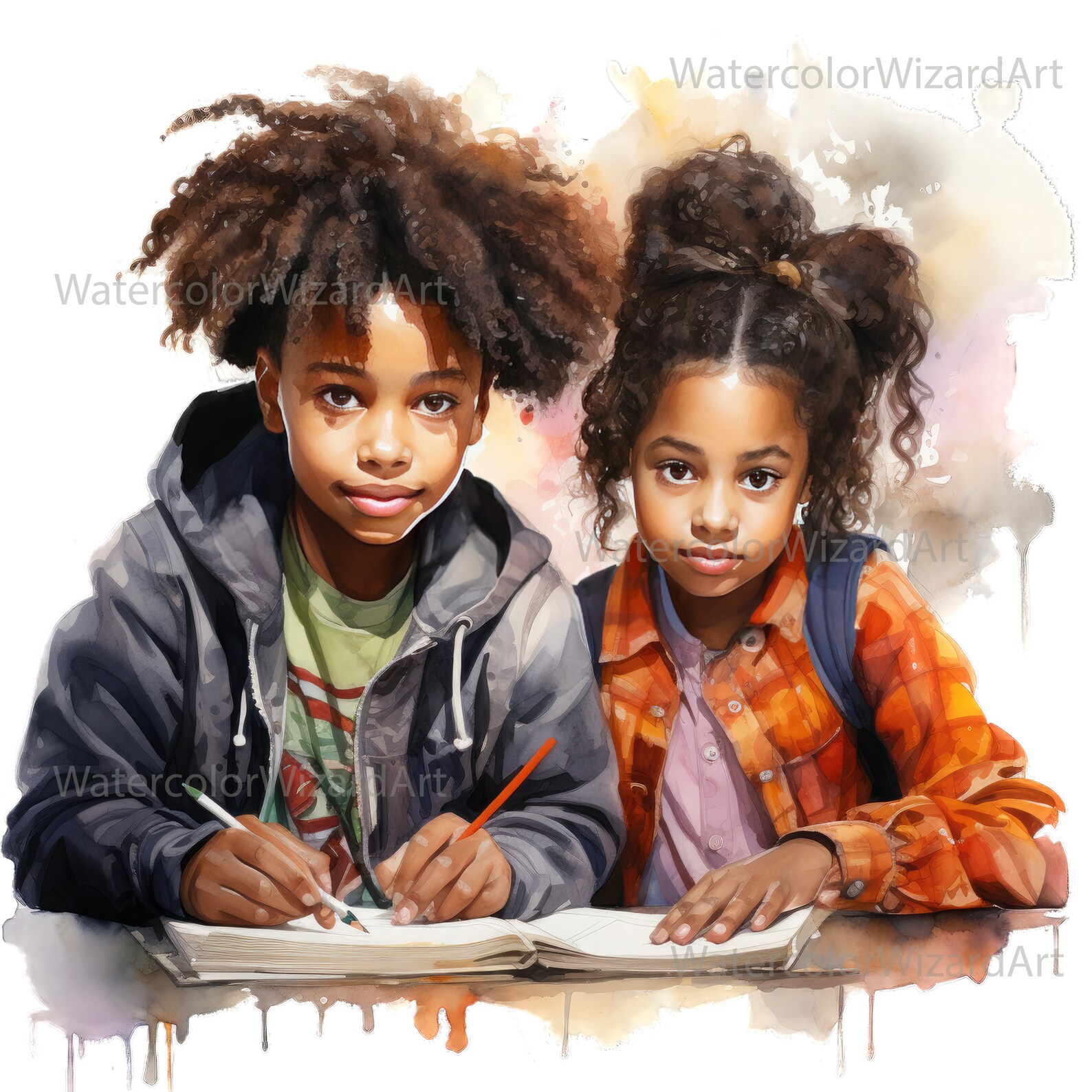 Watercolour African American School Kids Clipart, Black Kids Back to ...